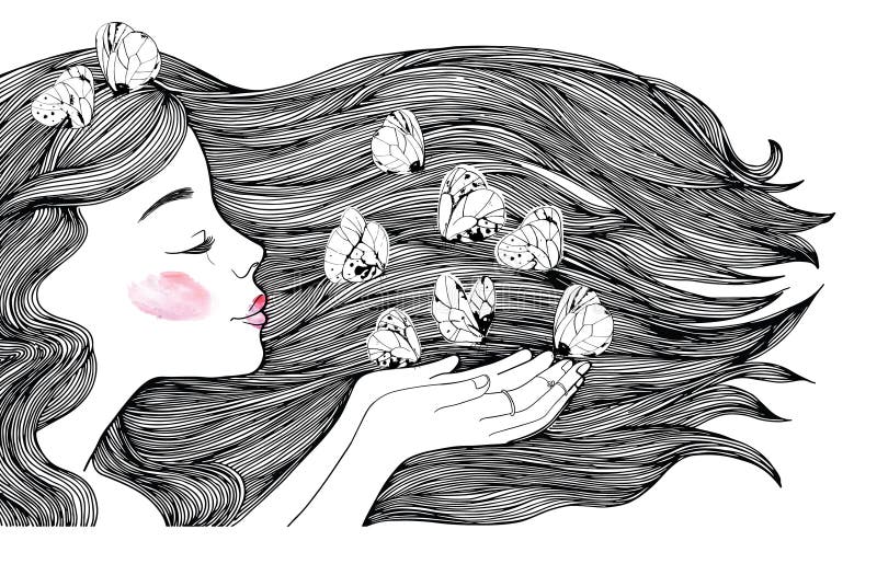 Dessin Monochrome De Long De Cheveux De Fille Ensemble De Profil