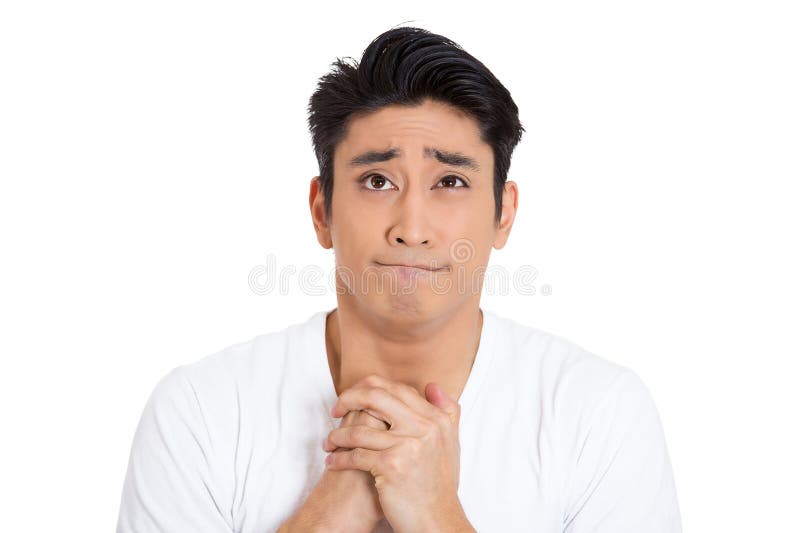 Portrait of a Desperate Man Showing Clasped Hands, Pretty Please Asking ...