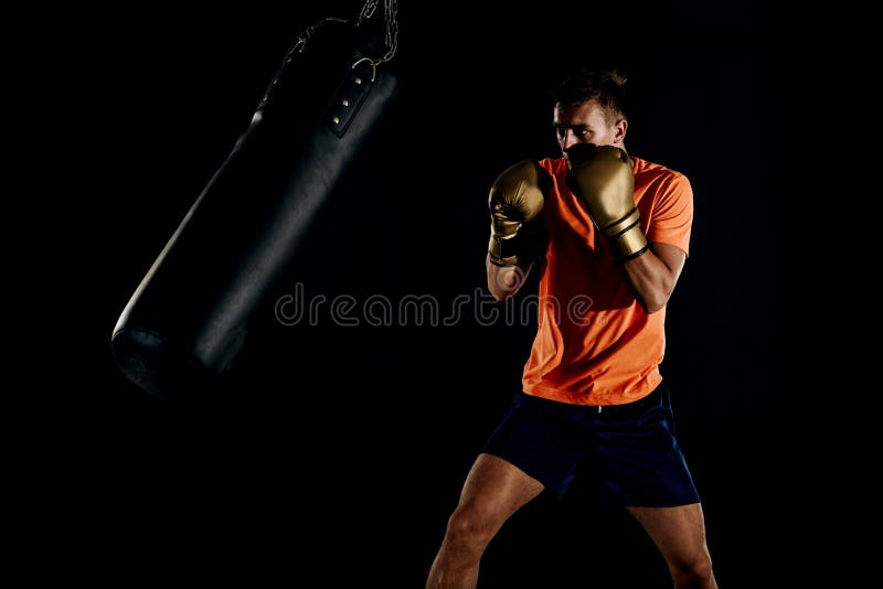 Strength Male Boxer Training with Punching Bag. Boxing Exercise Stock ...