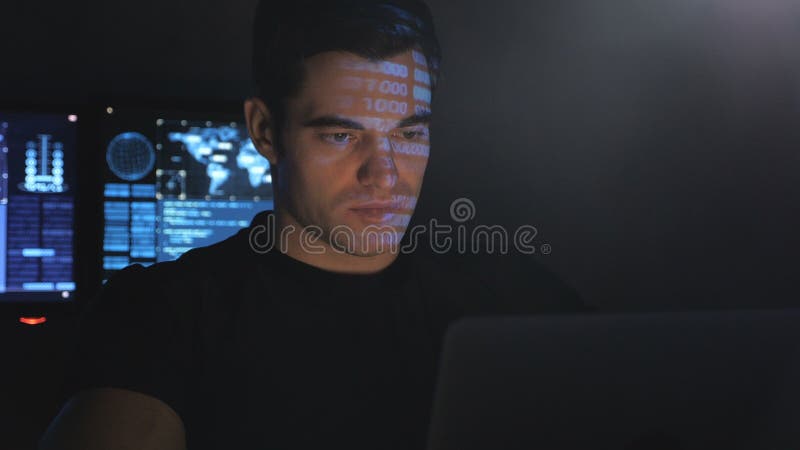 Portrait of Developer Programmer Working on Computer in a Data Center ...