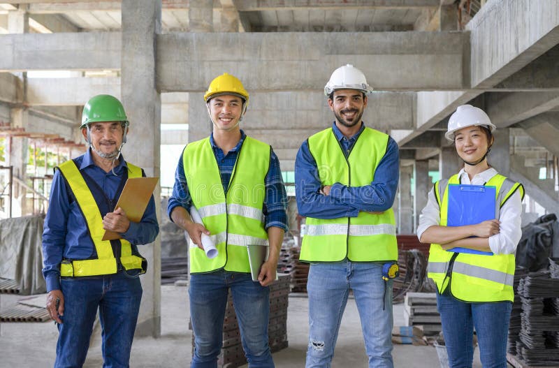 Portrait Diverse Engineers Team Standing and Looking at Camera while ...