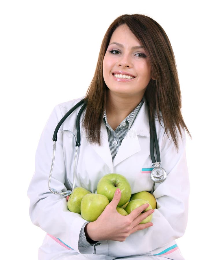 Portrait of Doctor with Apple. Stock Image - Image of laughing, female ...