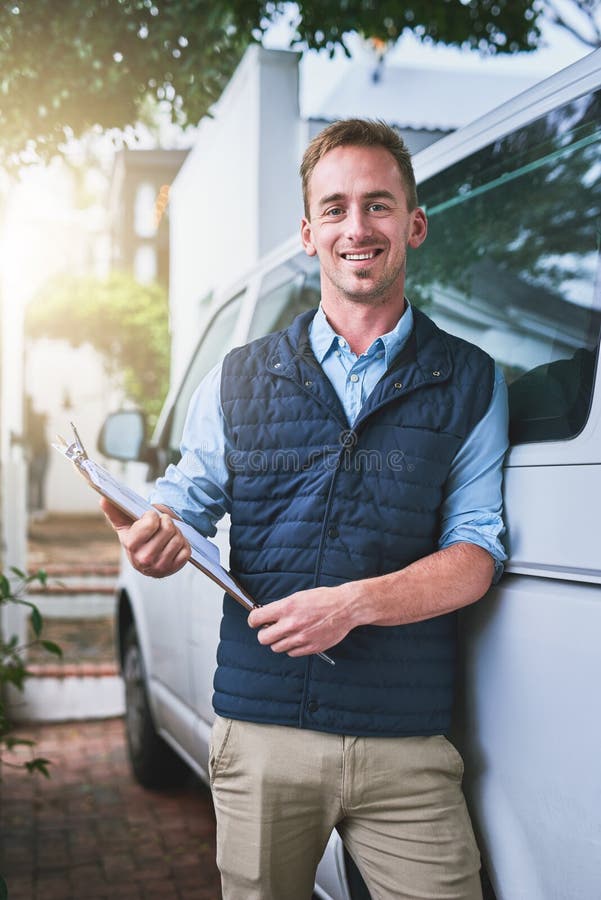 Portrait, Documents and a Delivery Man with His Van, Checking a ...
