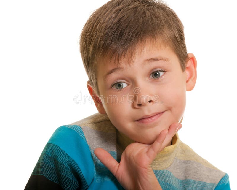 Portrait of a Doubtful Boy Isolated on White Stock Image - Image of ...