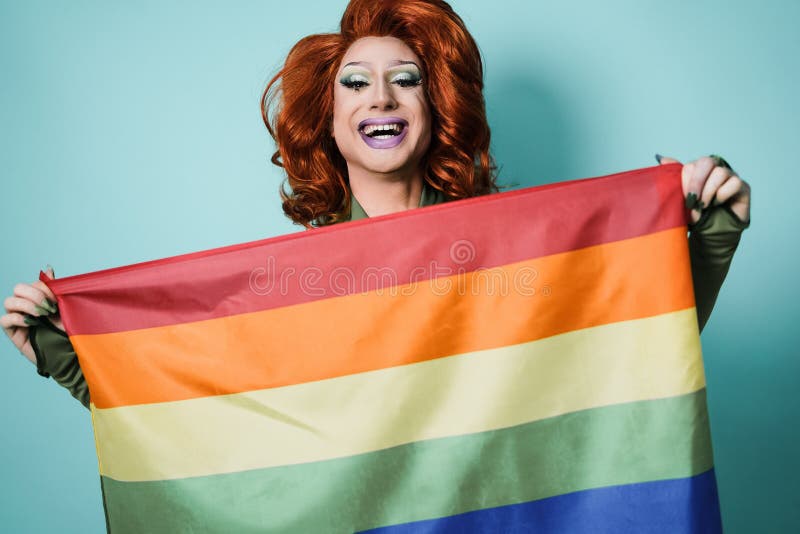 Portrait Of Drag Queen Holding Rainbow Flag Lgbt Concept Focus On