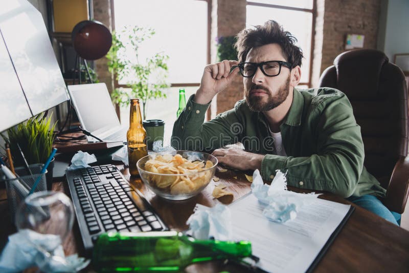 Portrait of Drunk Professional Hacker Young Man Computer Desk Loft ...