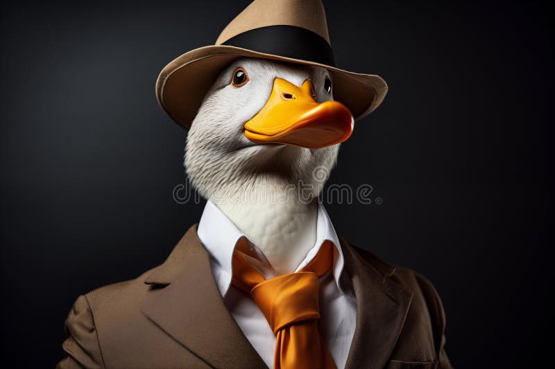 Portrait of a Duck in a Hat and a Suit on a Black Background ...