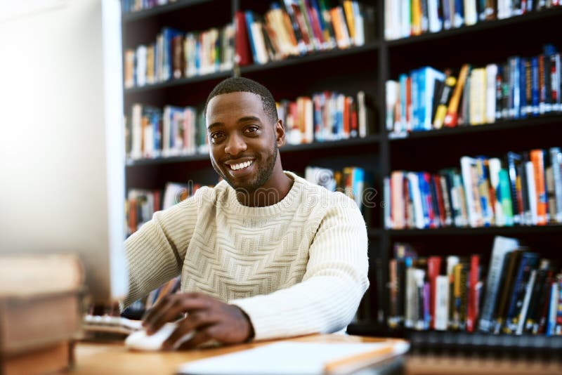 Portrait, Education and Black Man in a Library, Computer or Research ...
