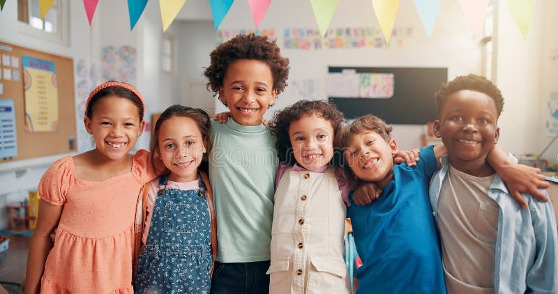 Portrait, Education and Hug with Students in Classroom for Child ...