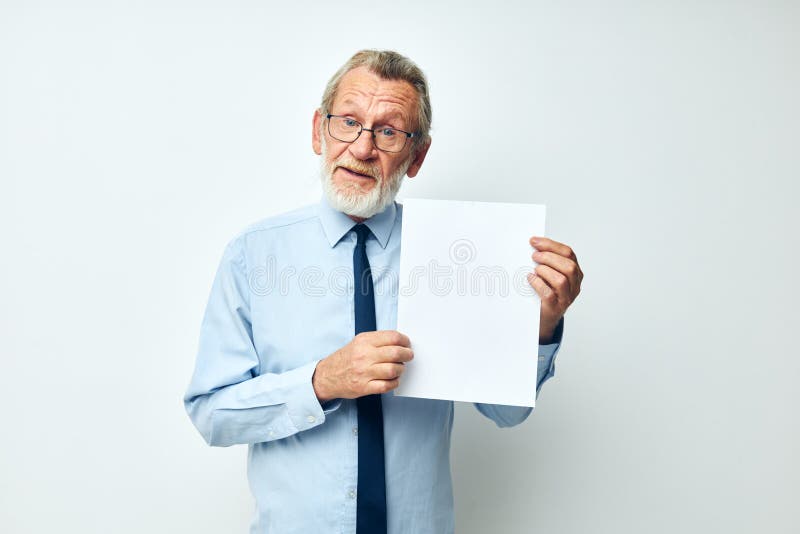 Portrait Elderly Man Holding Documents with a Sheet of Paper Cropped ...