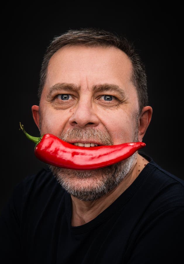 Elderly Man with Red Pepper in His Mouth Stock Image - Image of fitness ...