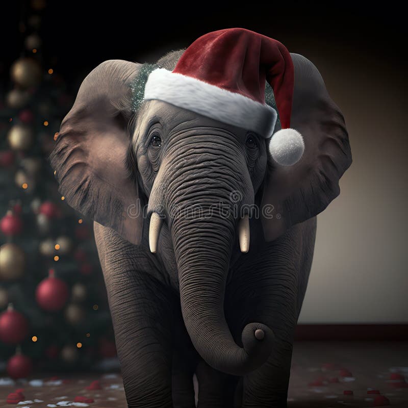 Portrait of Elephant with Santa Hat, Illustration Stock Photo - Image ...