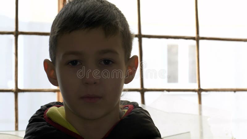 Portrait Emaciated Refugee Boy Stands Alone Near a Broken Window ...