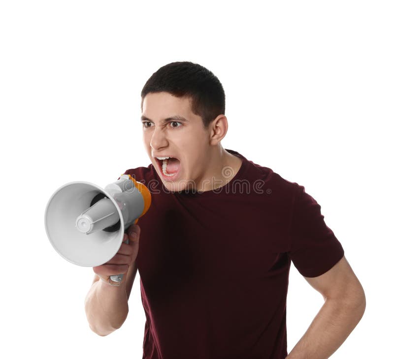 Portrait of Emotional Man Using Megaphone Stock Photo - Image of device ...