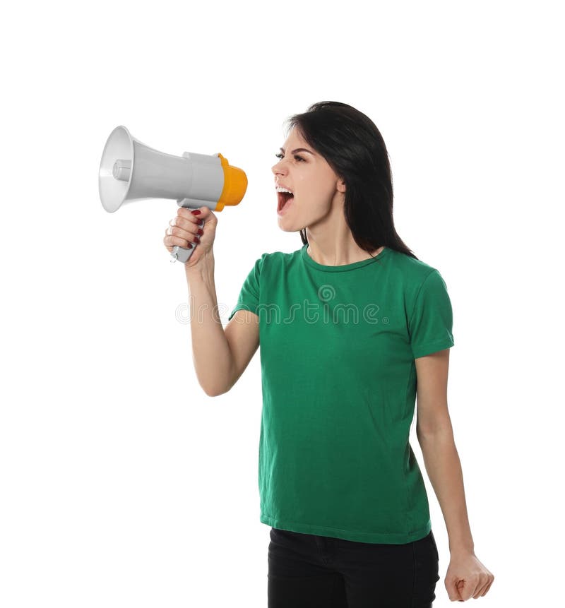 Portrait of Emotional Woman Using Megaphone Stock Image - Image of ...