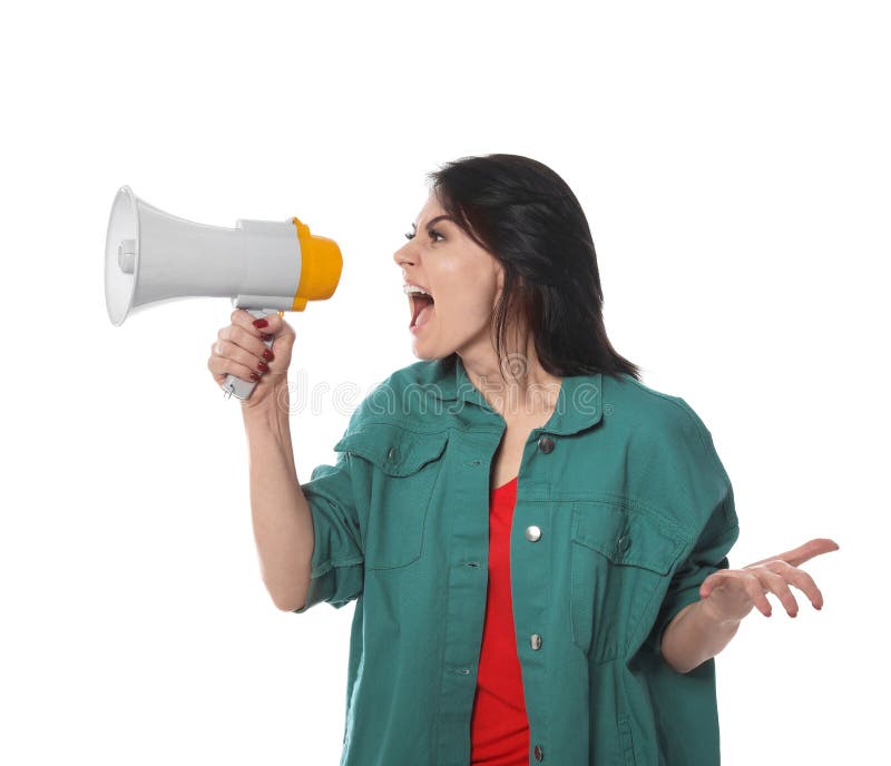 Portrait of Emotional Woman Using Megaphone Stock Image - Image of ...