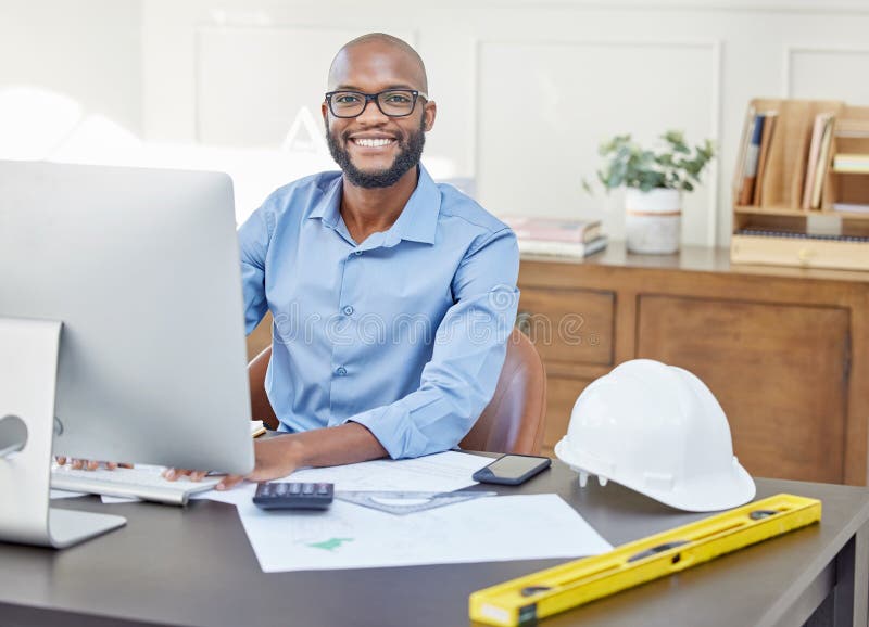 Portrait, Engineer or Architect Black Man with Computer at Desk for ...