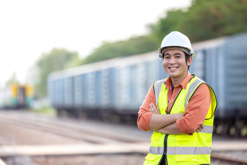 Portrait Engineer Man Working on Railway. Chief Engineer in the Hard ...