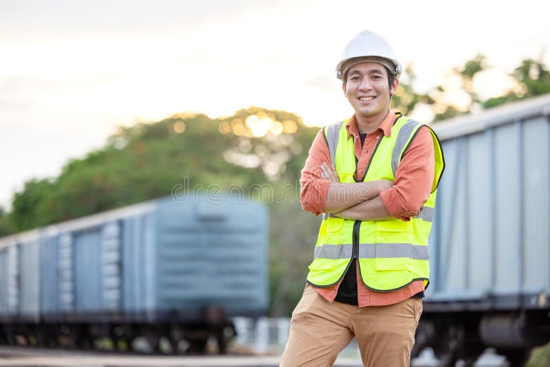 Portrait Engineer Man Working on Railway. Chief Engineer in the Hard ...