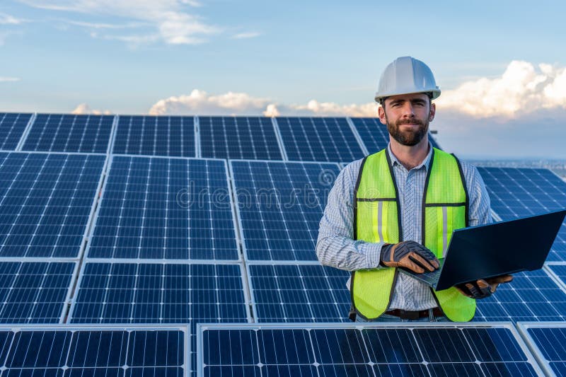 Portrait of an Engineer Smiling with Confidence Using a Laptop in Front ...
