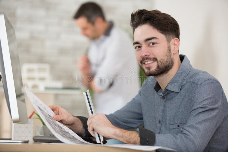 Portrait Engineer Studying Layout Plan on Office Stock Photo - Image of ...