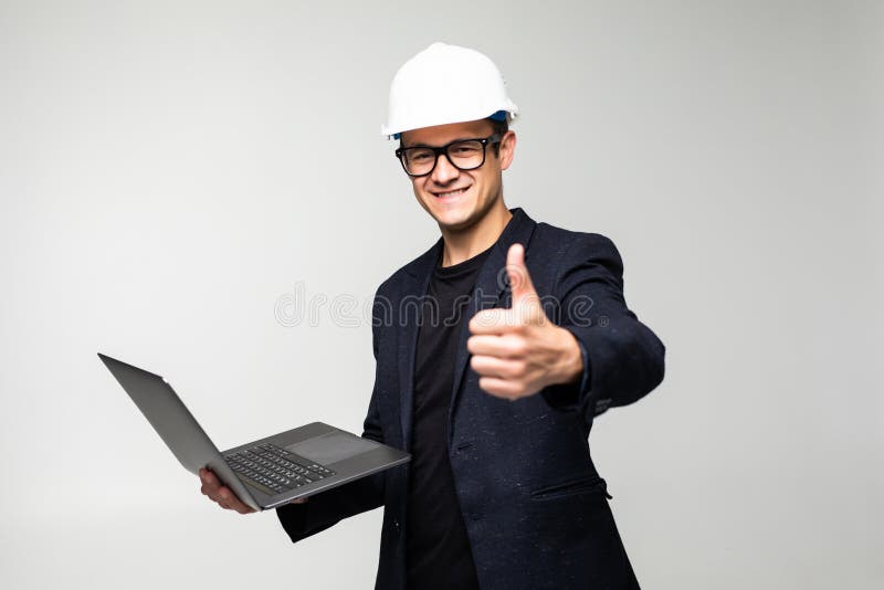 Portrait of an Engineer with Thumbs Up Using a Laptop Isolated on White ...