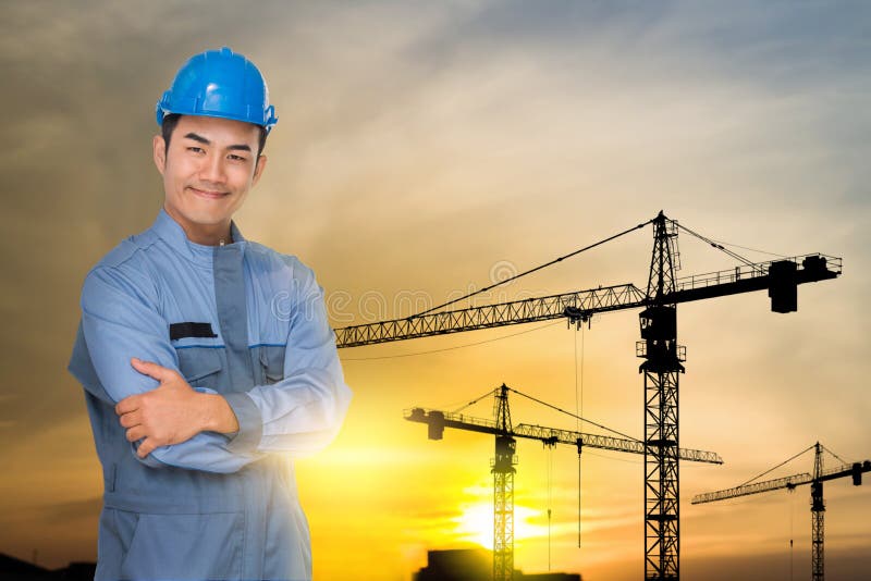 Portrait of Engineer Wear Blue Helmet Safty on Construction Site with ...