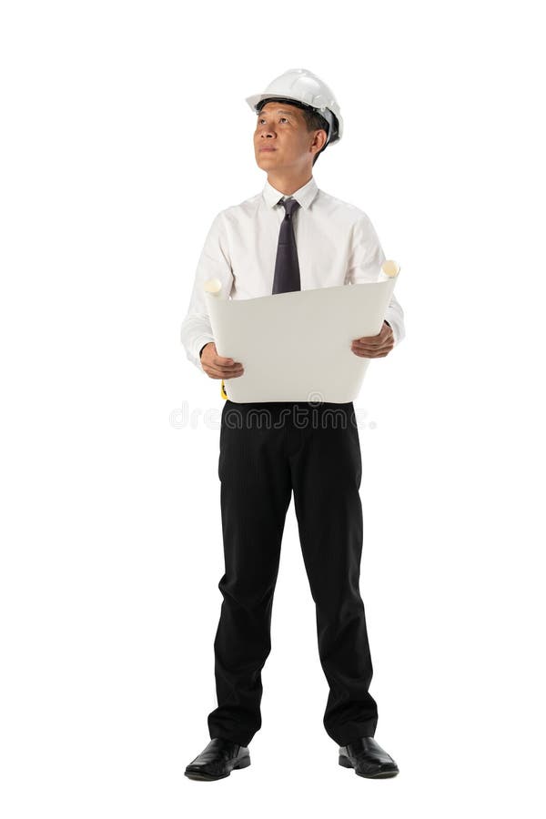 Portrait of Engineer with White Hat Blueprint Stock Image - Image of ...