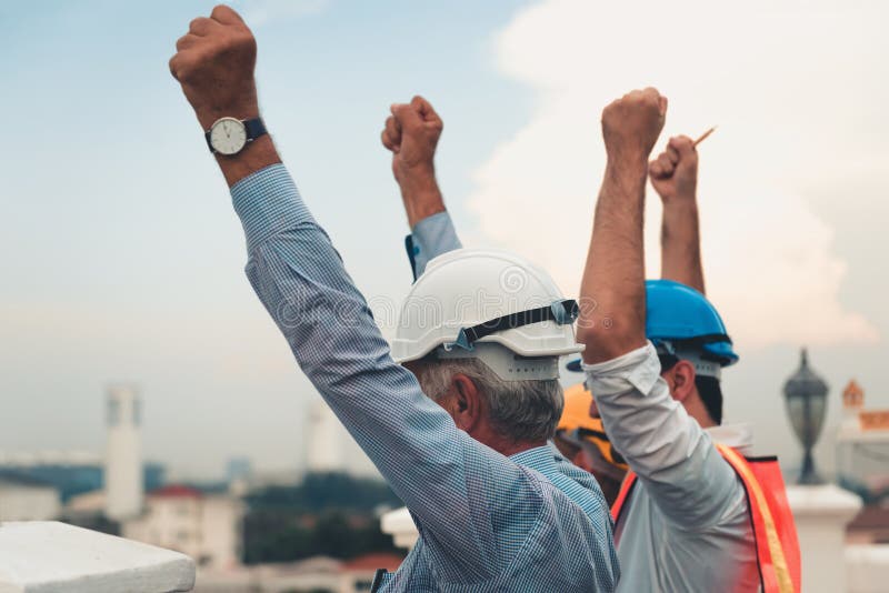 Portrait of Engineering Teamwork are Showing Hands Up after Business ...