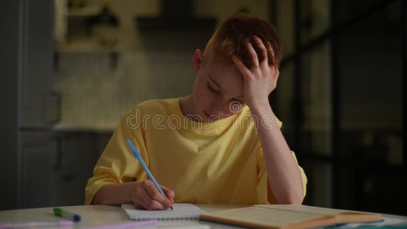 Portrait of Exhausted Upset Schoolboy Student Studying Alone Feeling ...