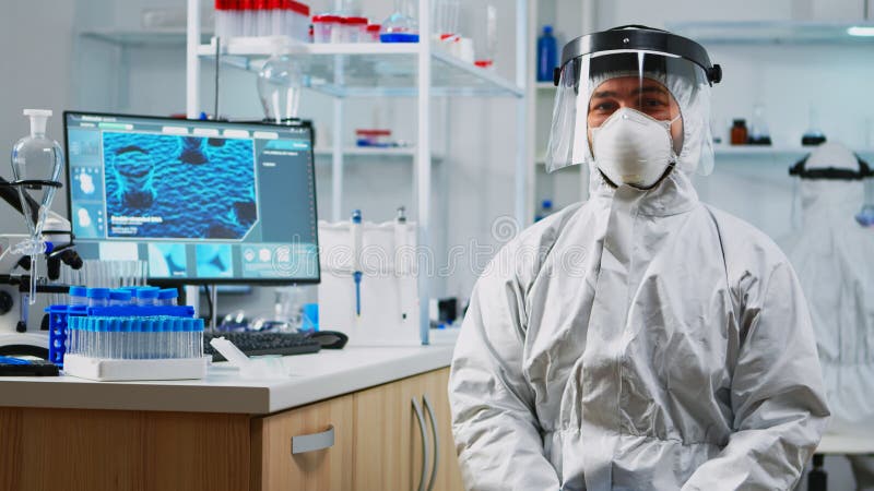 Portrait of Experienced Scientist Man in Coverall Smiling at Camera ...