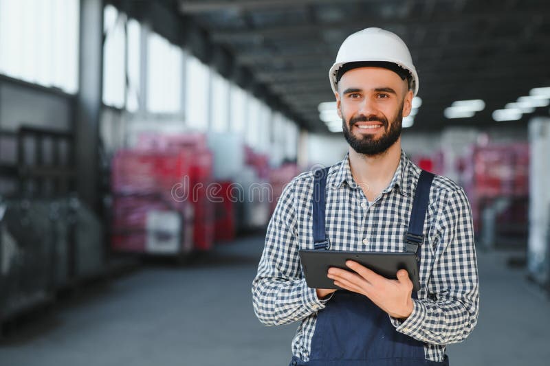 Portrait of Factory Worker in Protective Equipment in Production Hall ...