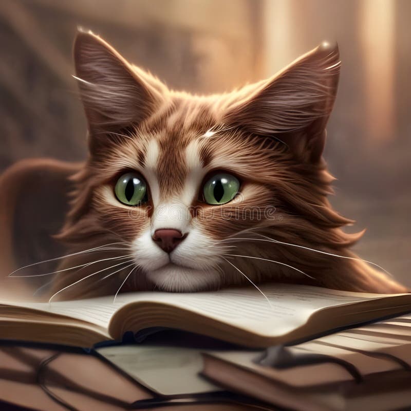 Portrait of a Fantasy Cat with Book Stock Illustration - Illustration ...