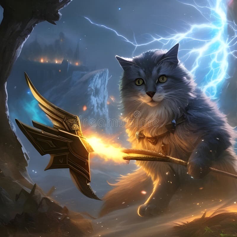 Portrait of a Fantasy Cat Playing with Mystery Stick Stock Illustration ...