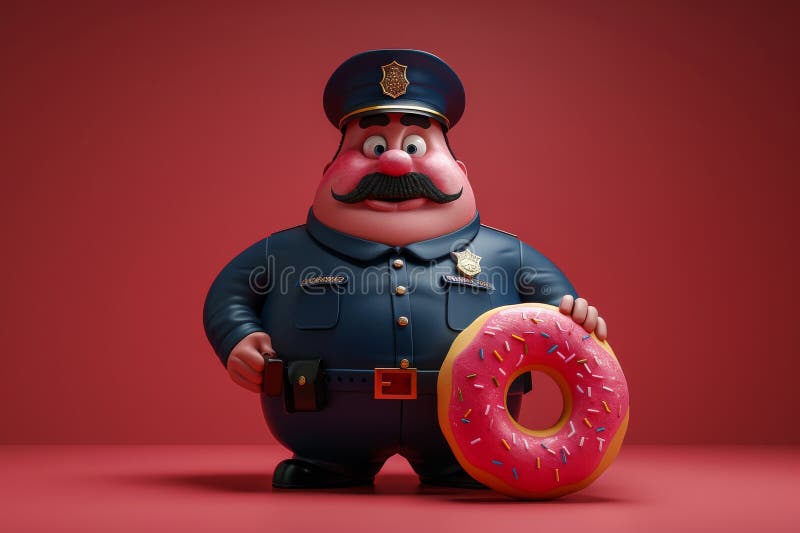 Portrait of a Fat Policeman with Mustache and Pink Donut. Generative AI ...