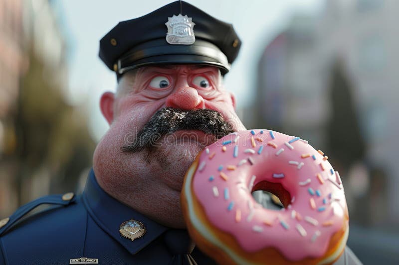 Portrait of a Fat Policeman with Mustache and Pink Donut. Generative AI ...