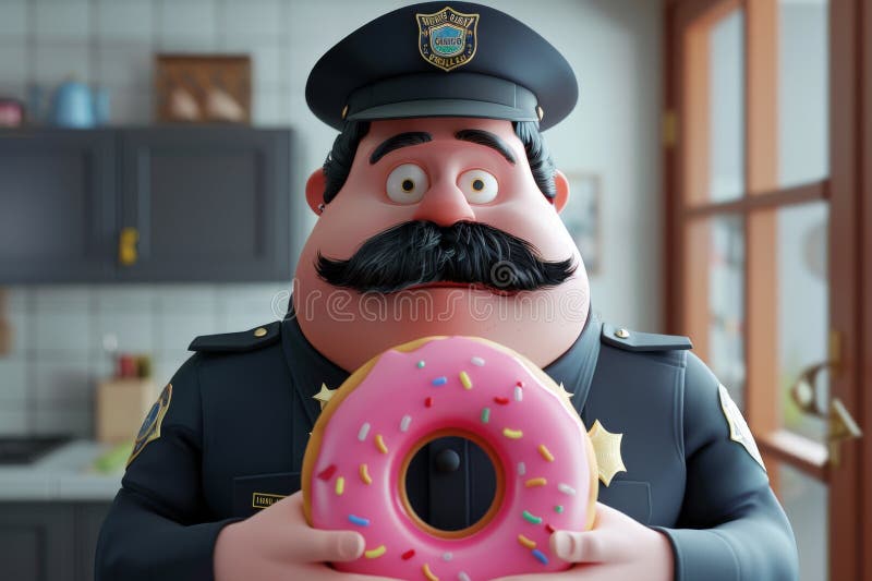 Portrait of a Fat Policeman with Mustache and Pink Donut. Generative AI ...