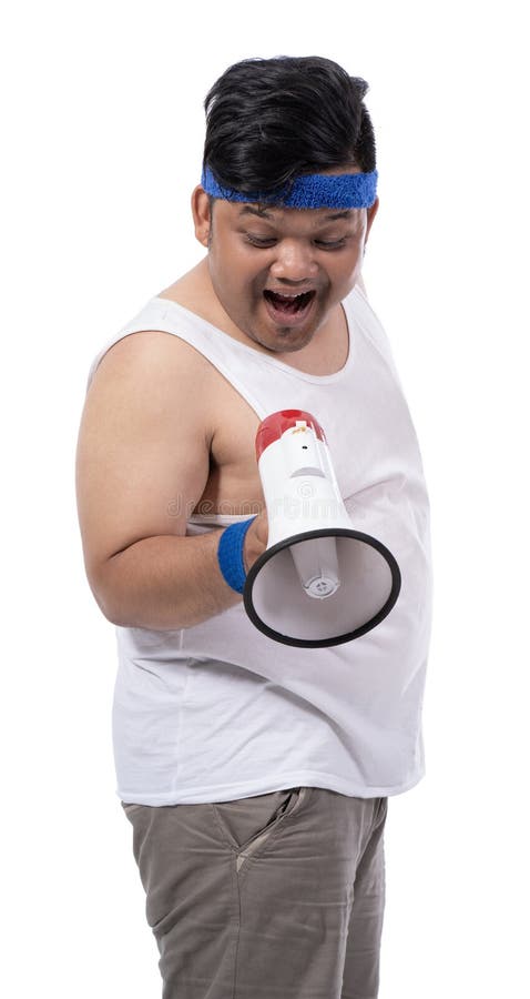 Portrait of Fat Young Man Open His Mouth with Megaphone Stock Image ...