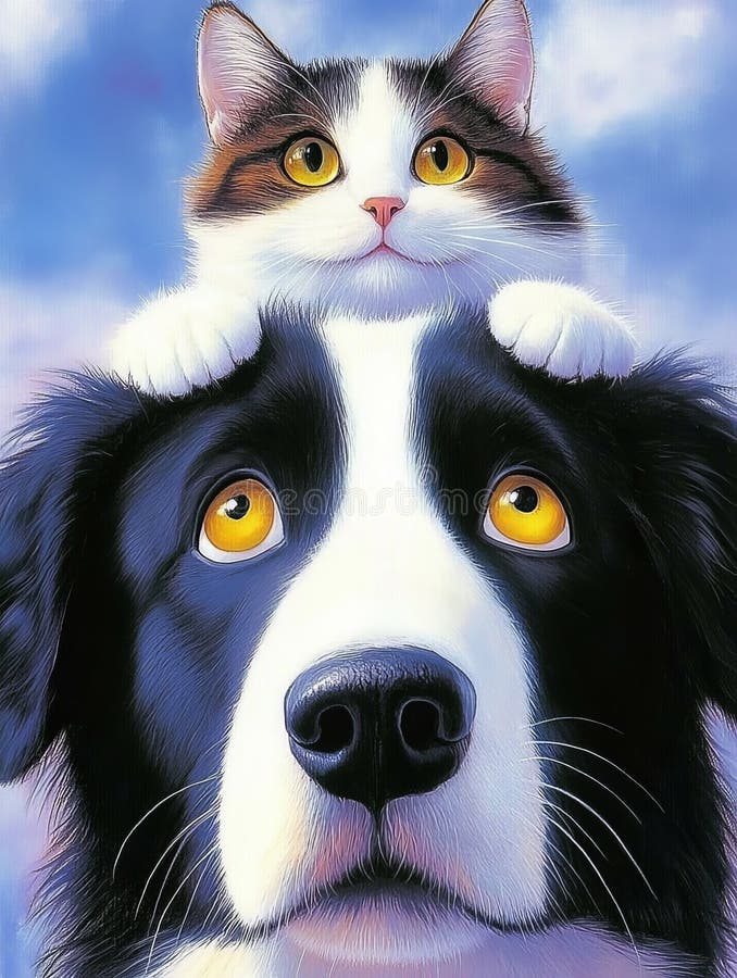 A Portrait Featuring a Border Collie Dog with a Cat Hiding Behind it ...