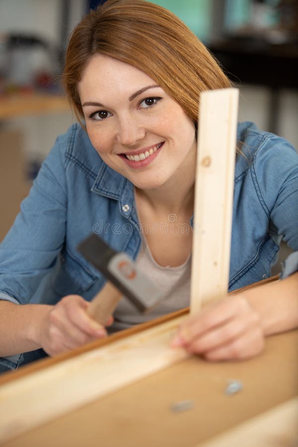 Portrait Female Carpenter Standing with Work Tool Stock Image - Image ...