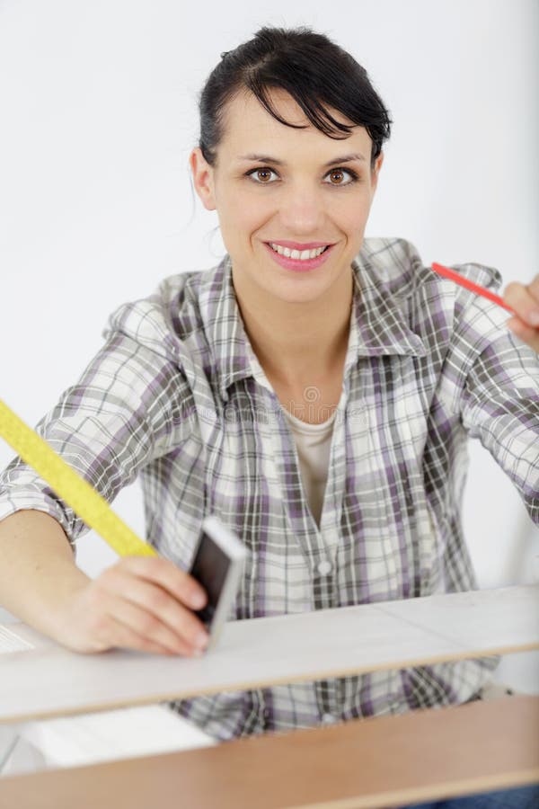 Portrait Female Carpenter Standing with Work Tool Stock Photo - Image ...