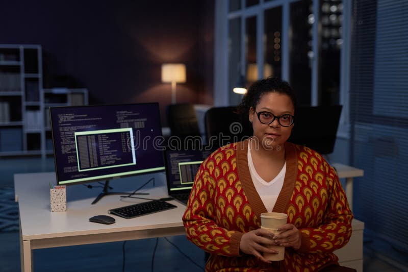 Female Developer Working in Office Till Late Night Stock Photo - Image ...