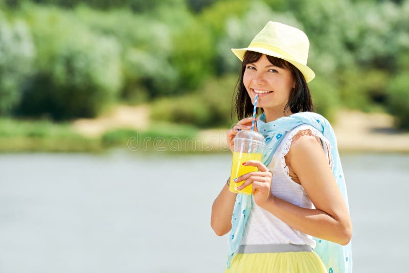 Portrait of Female Drinking Lemonade and Standing on the City Ri Stock ...