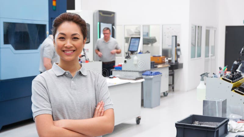 Portrait of Female Engineer on Factory Floor of Busy Workshop Stock ...