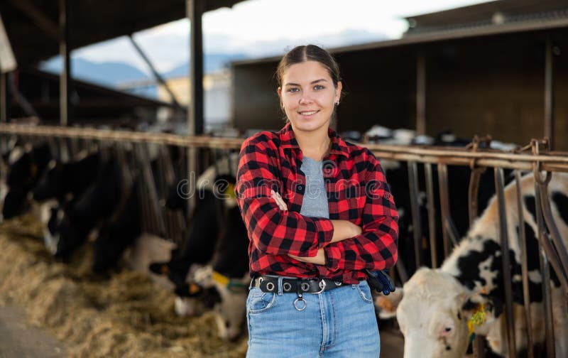Portrait of Female Farm Owner in Cowshed Stock Photo - Image of ...