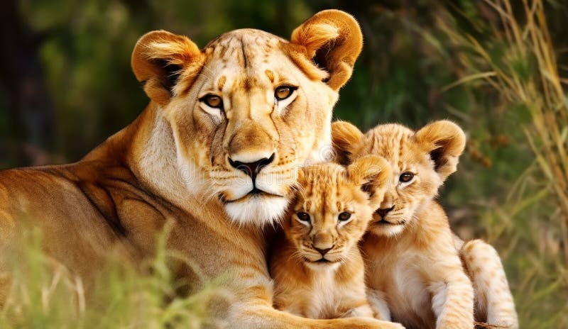 Portrait of a Female Lion with Two Cubs Stock Illustration ...