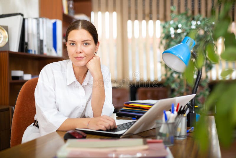 Portrait of Female Office Worker in Company at Modern Workplace Stock ...