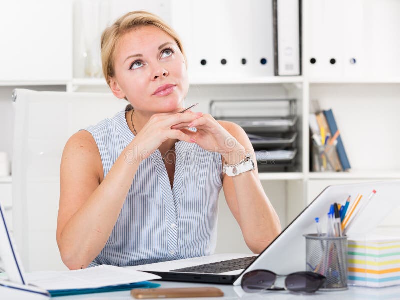 Portrait of Female Secretary Working with Documents and Computer and ...