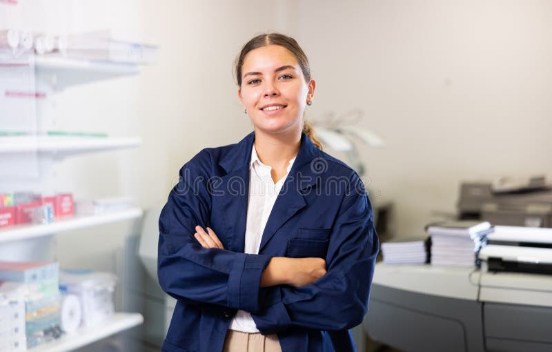 Portrait of Female Technical Worker in Blue Coat in Typography Office ...