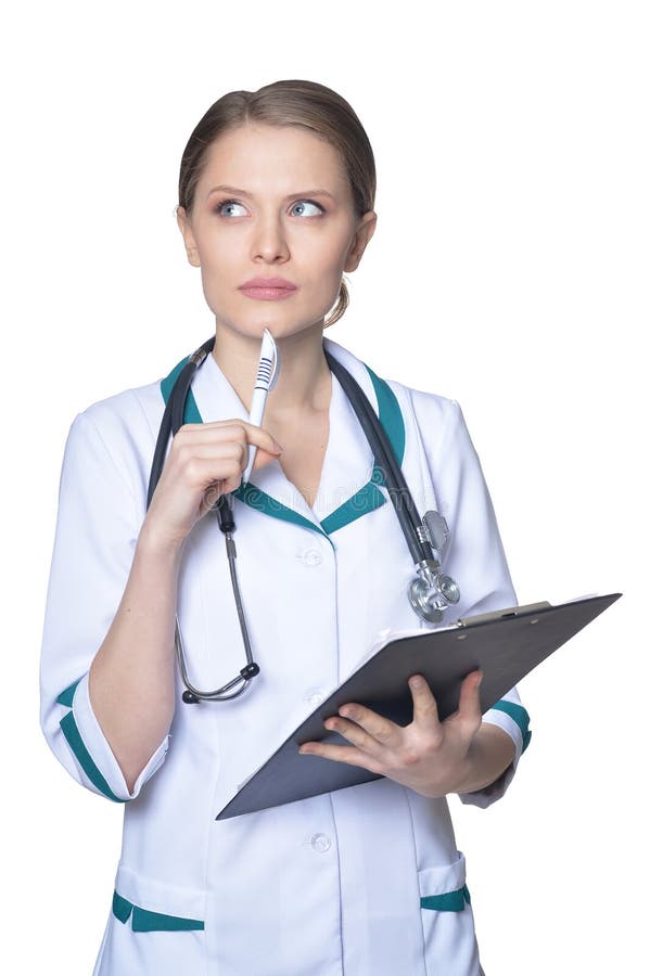 Portrait of Female Thinking Doctor Posing on White Stock Image - Image ...